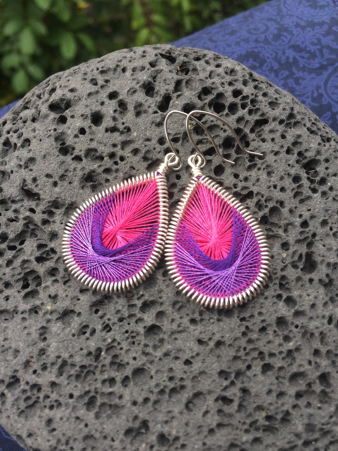 Pink Purple & Metallic Purple Peruvian Thread Earrings | Etsy