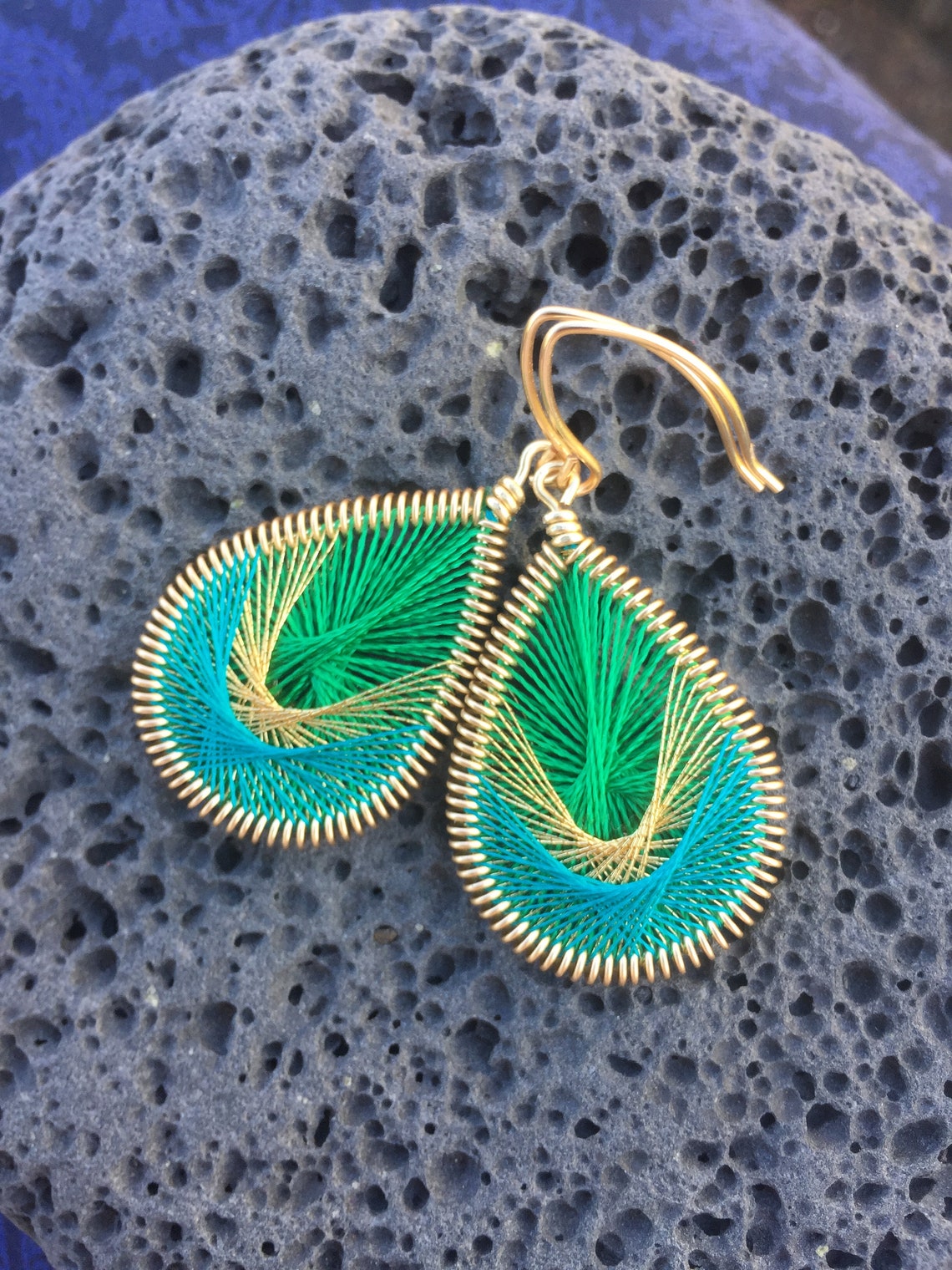 Peruvian Thread Earrings Green Gold & Turquoise Dangle | Etsy