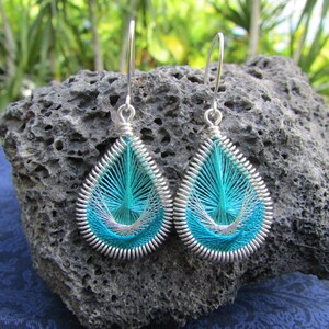 Peruvian Thread Earrings Aqua Silver & Turquoise Colorful | Etsy