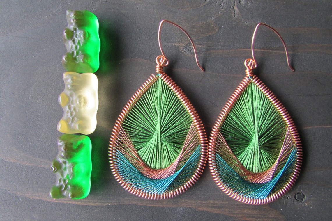 Olive Green Gold & Teal Woven Peruvian Thread Earrings - Etsy