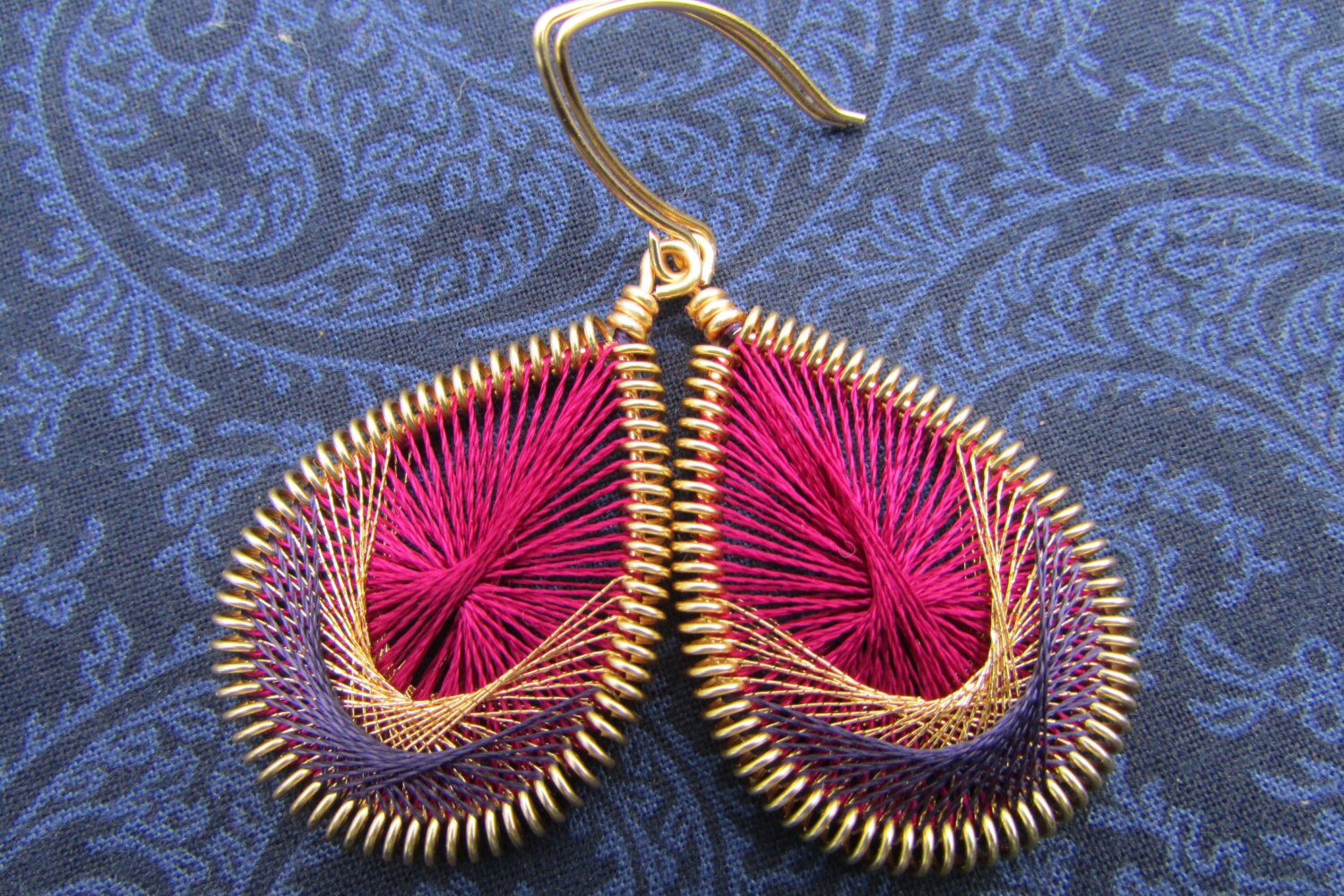 Maroon Gold & Midnight Blue Peruvian Thread Earrings - Etsy