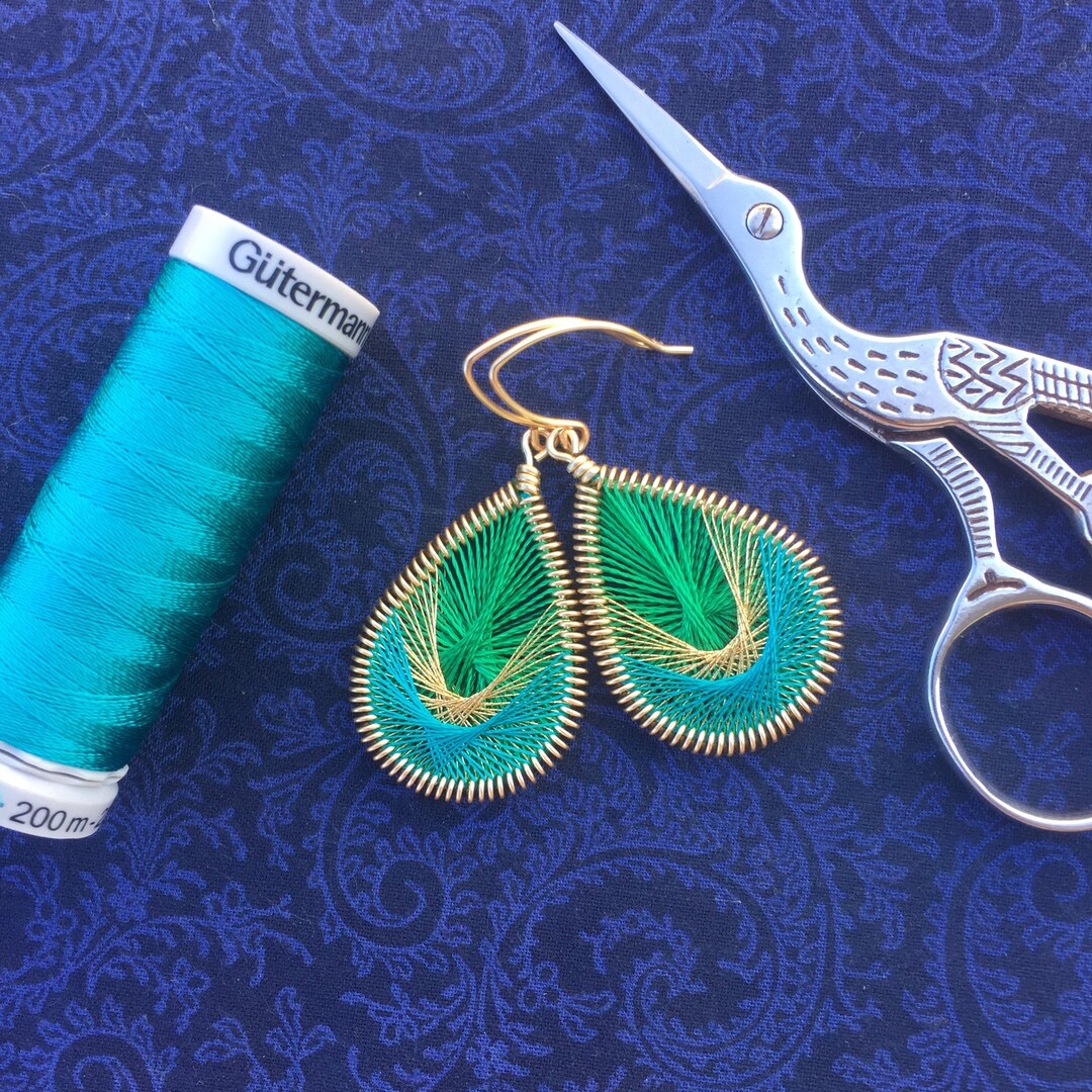 Peruvian Thread Earrings Green, Gold & Turquoise Dangle Earrings - Etsy