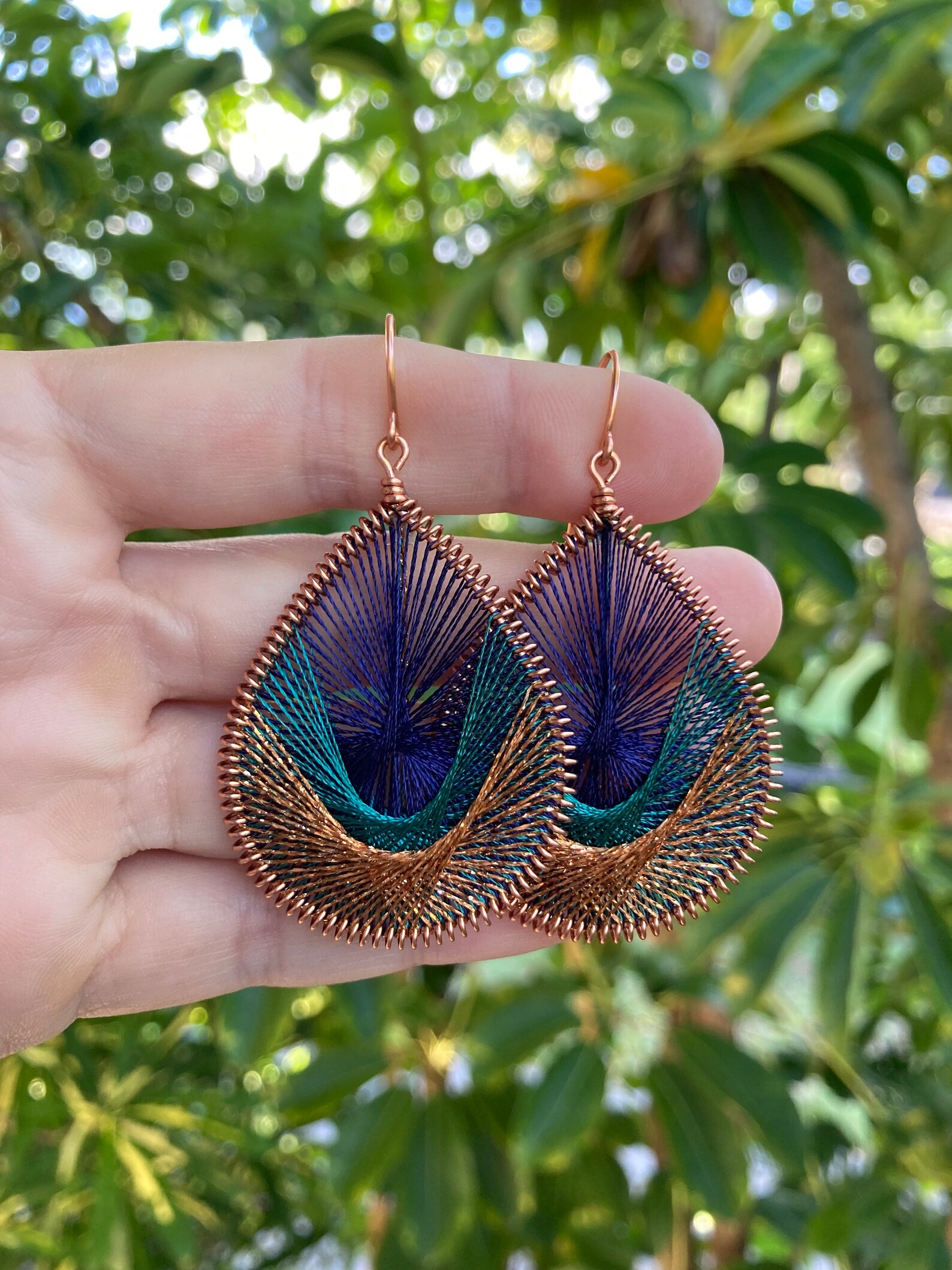 Dark Blue, Teal and Copper Embroidery Thread Earrings - Etsy