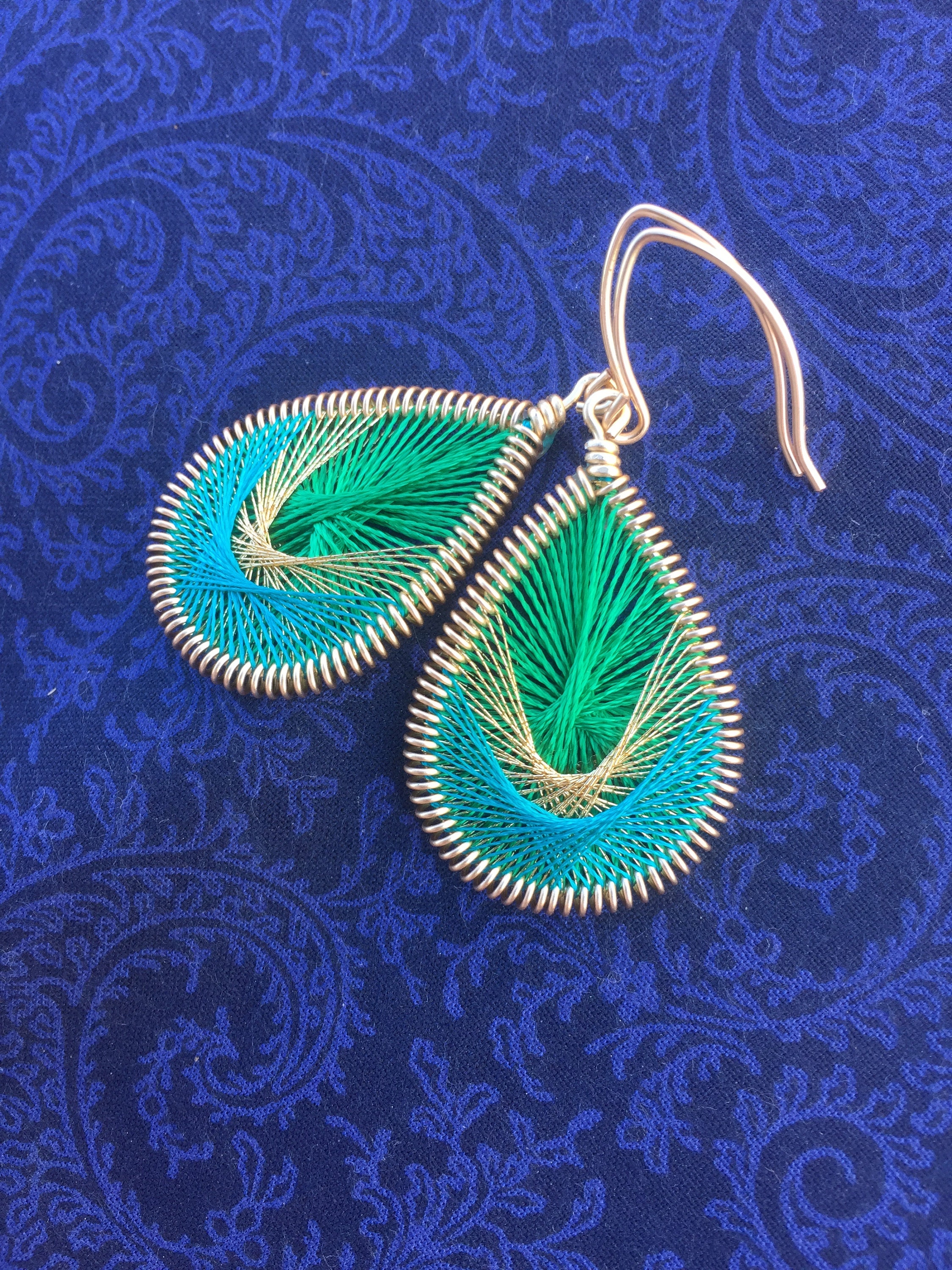 Peruvian Thread Earrings Green Gold & Turquoise Dangle | Etsy