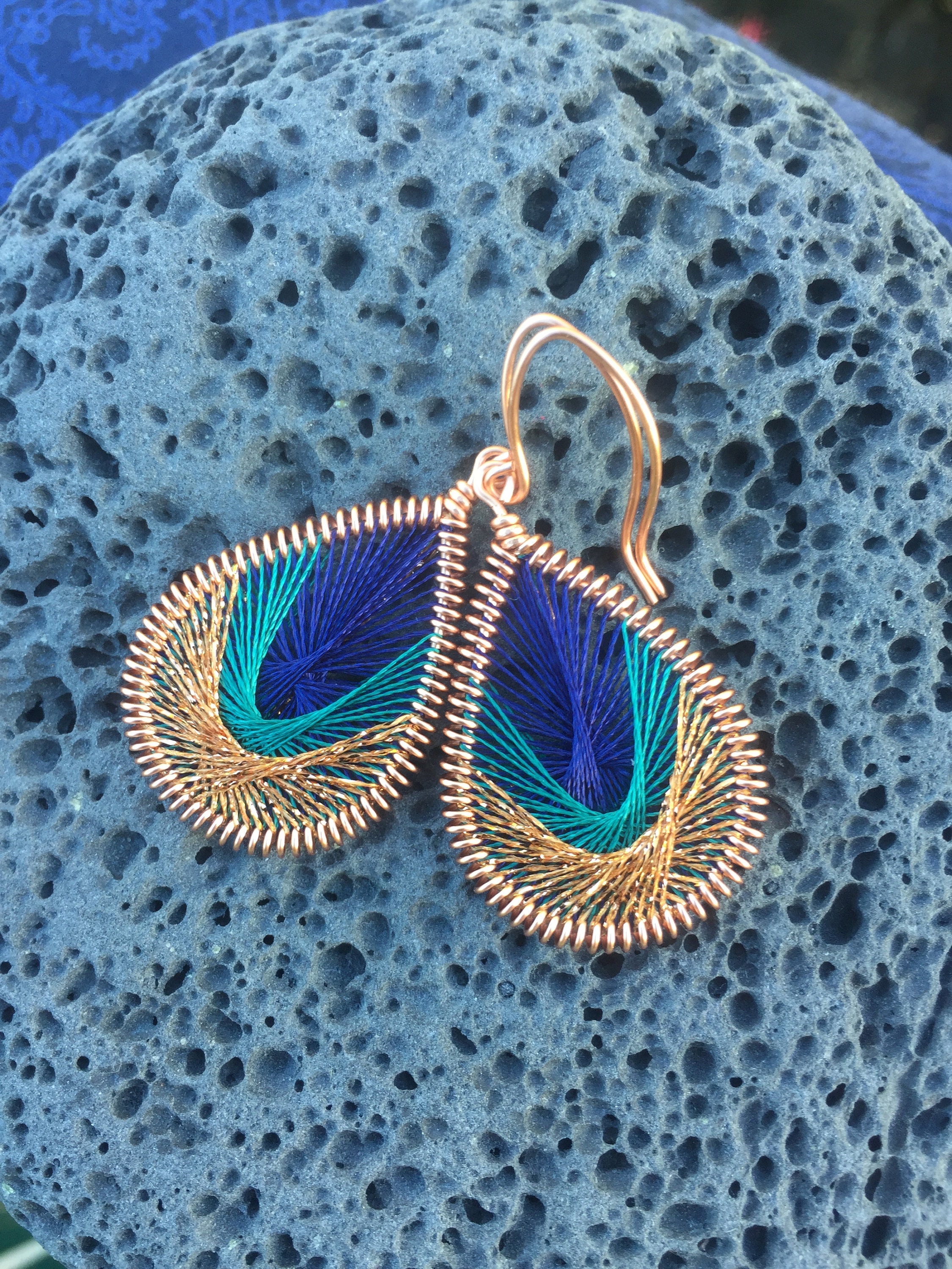 Dark Blue, Teal and Copper Embroidery Thread Earrings - Etsy