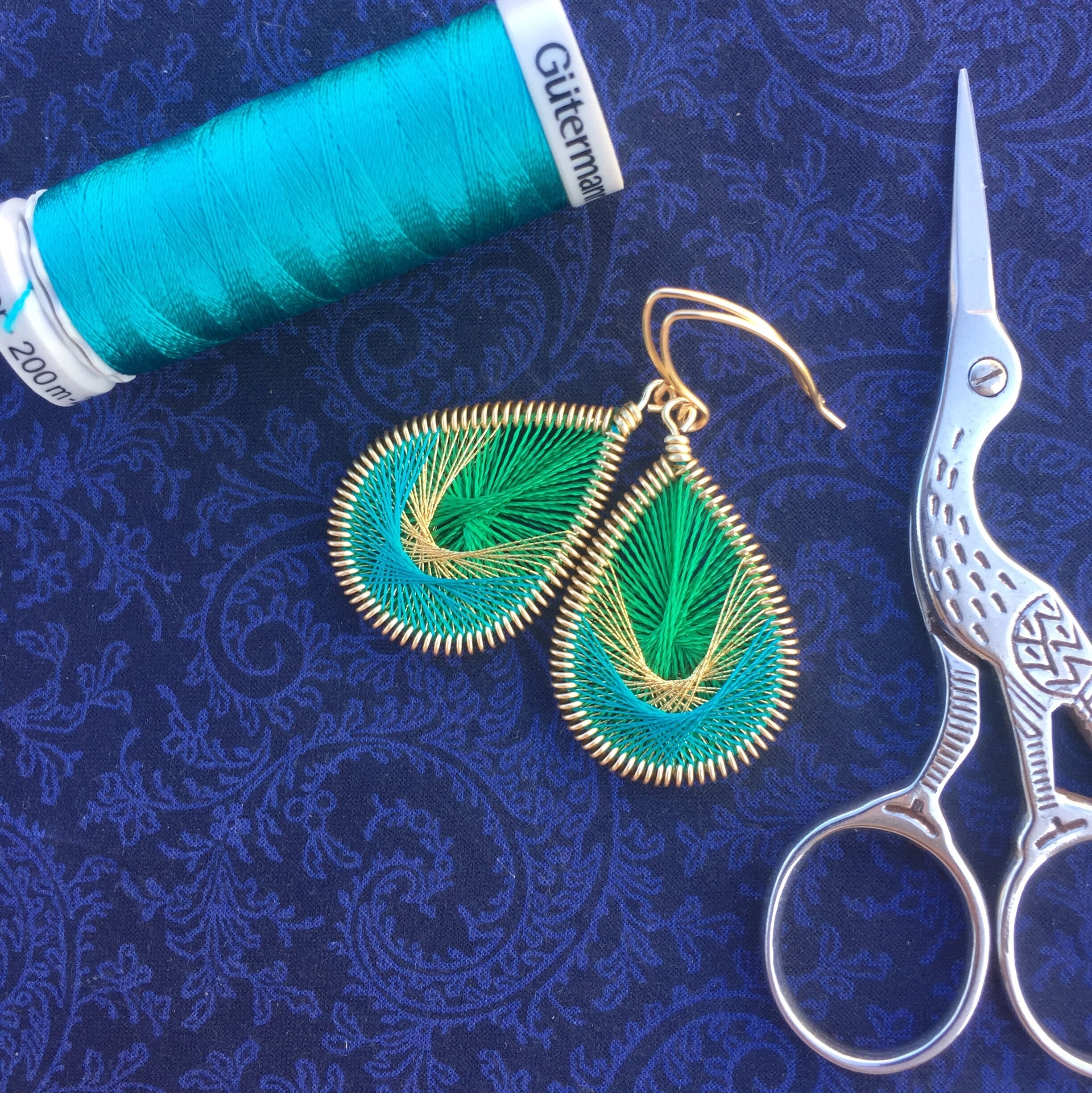 Peruvian Thread Earrings Green Gold & Turquoise Dangle | Etsy