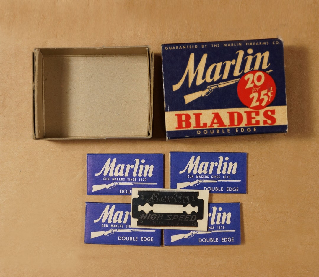 Vintage 1940s 1950s Marlin Double Edge Blades, Marlin Box and 4 Wrapped ...