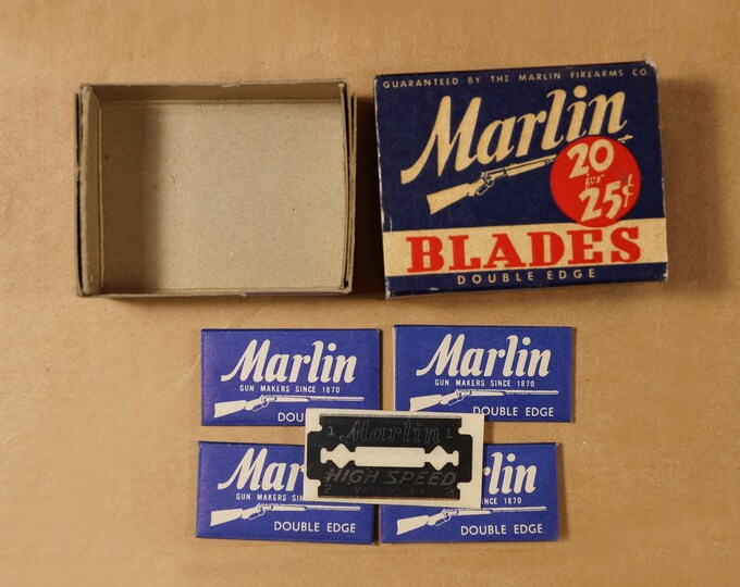 Vintage 1940s 1950s Marlin Double Edge Blades, Marlin Box and 4 Wrapped ...