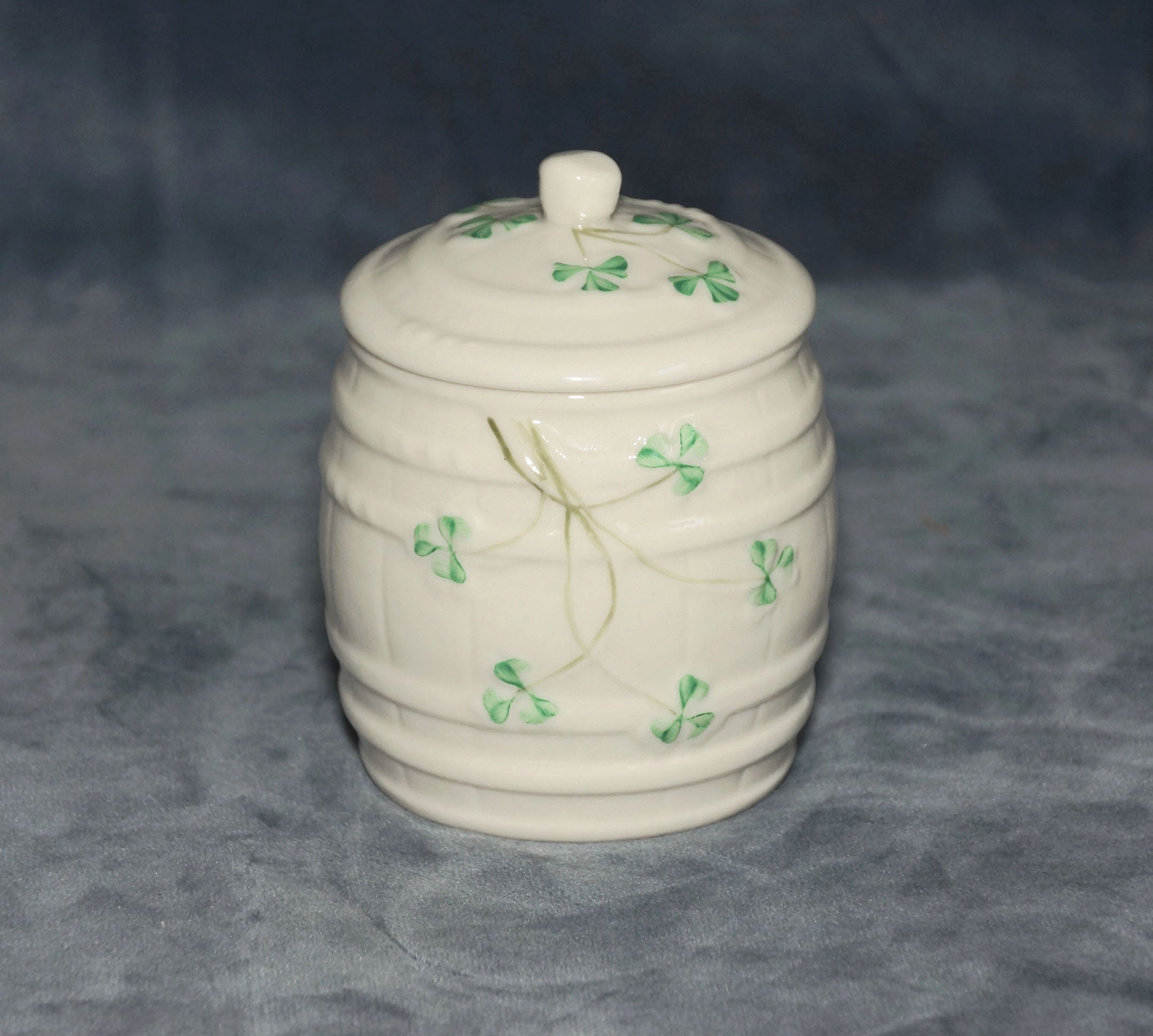 Vintage Belleek Shamrock Pattern Barrel Shaped Covered Jam Jar, 6th ...