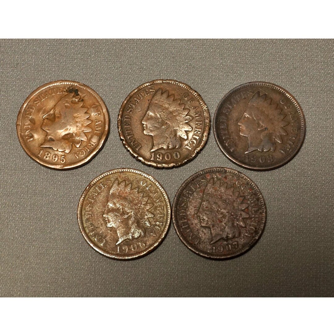 Lot of 5 Antique 1895 - 1907 Indian Head Pennies, One Cent Coins ...