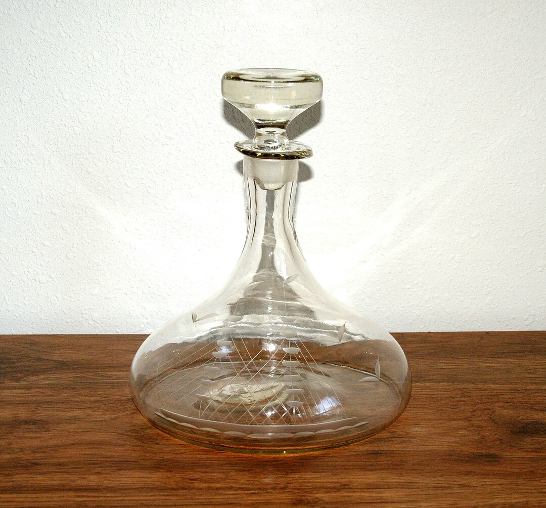 Rare Vintage Etched Sail Ship Liquor Decanter, Heavy Glass Bar Ware ...