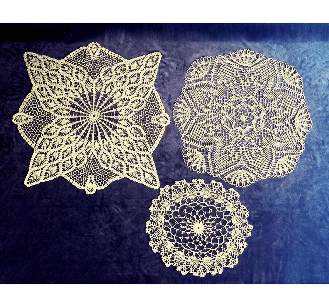 Set of 3 Large Beige Doilies, Vintage Hand Crocheted Lace Beige Doily ...