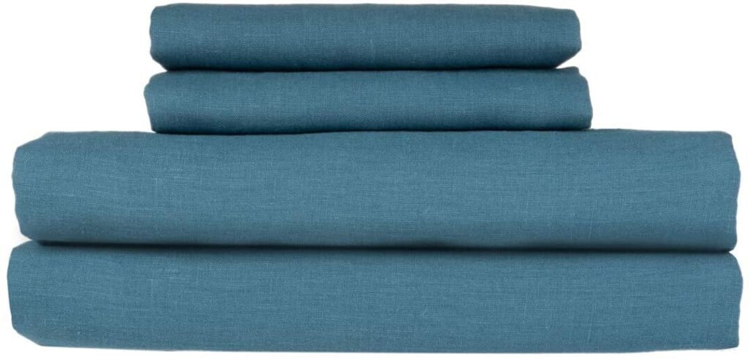 Midnight Blue Color Linen Sheet Set. 4 Pieces -- Flat, Fitted Sheets ...