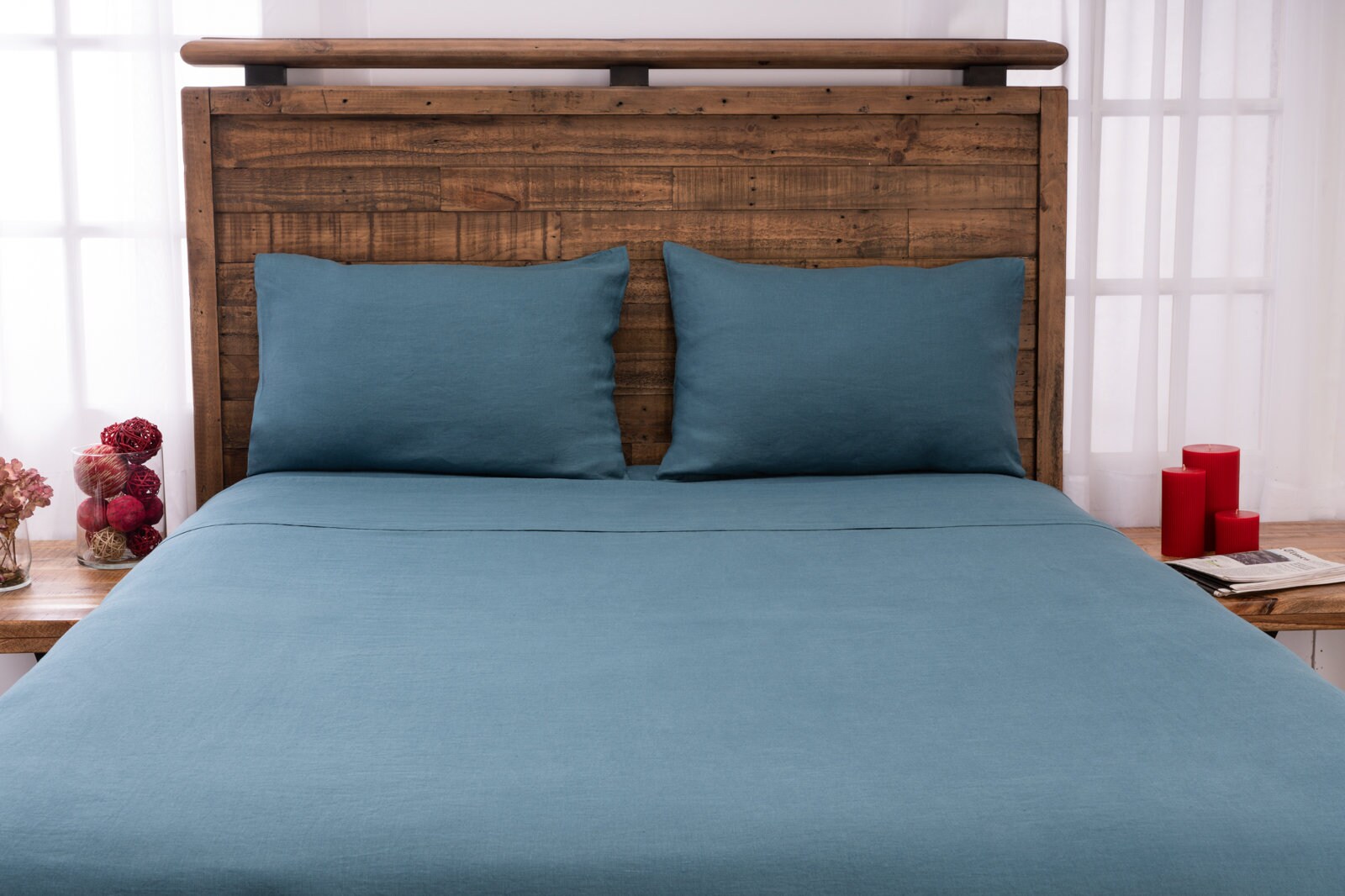 Midnight Blue Pure Linen Sheet Set. 4 Pieces -- Flat, Fitted Sheets and ...