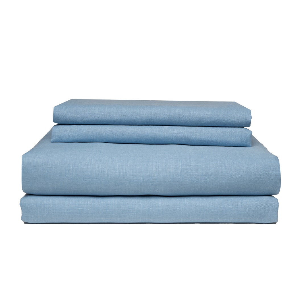 Sky Blue Pure Linen Sheet Set. 4 Pieces -- Flat, Fitted Sheets and Two ...