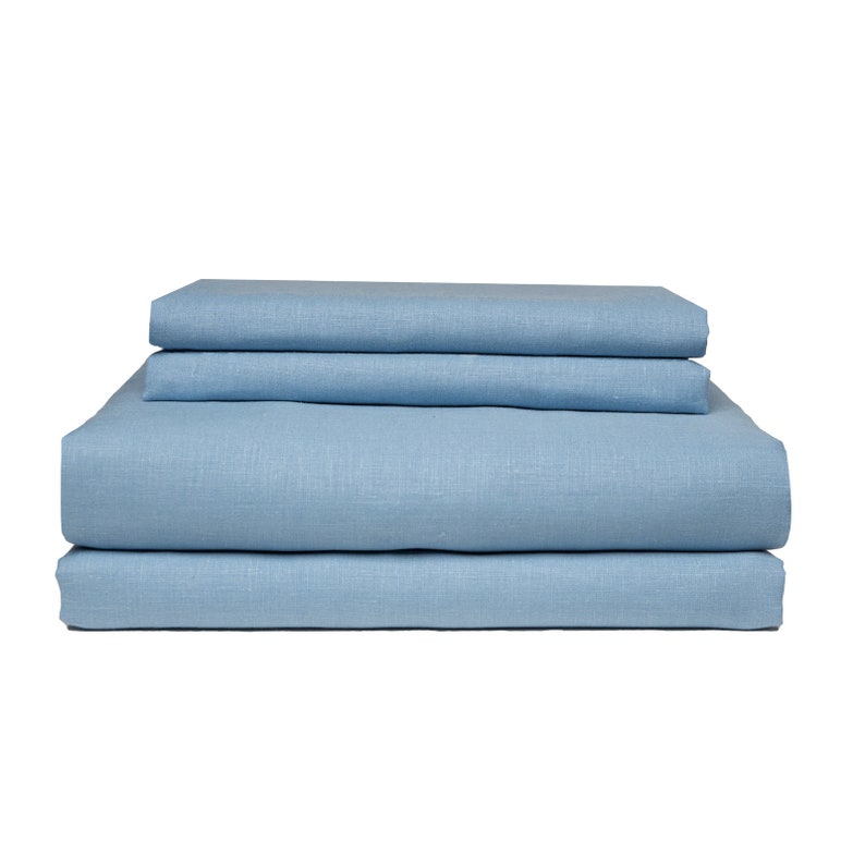 Sky Blue Pure Linen Sheet Set. 4 Pieces -- Flat, Fitted Sheets and Two ...