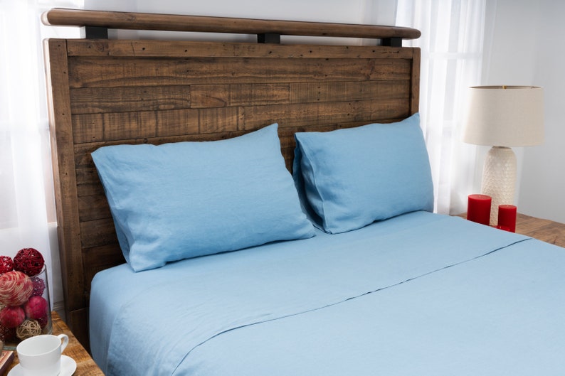 Sky Blue Pure Linen Sheet Set. 4 Pieces -- Flat, Fitted Sheets and Two ...