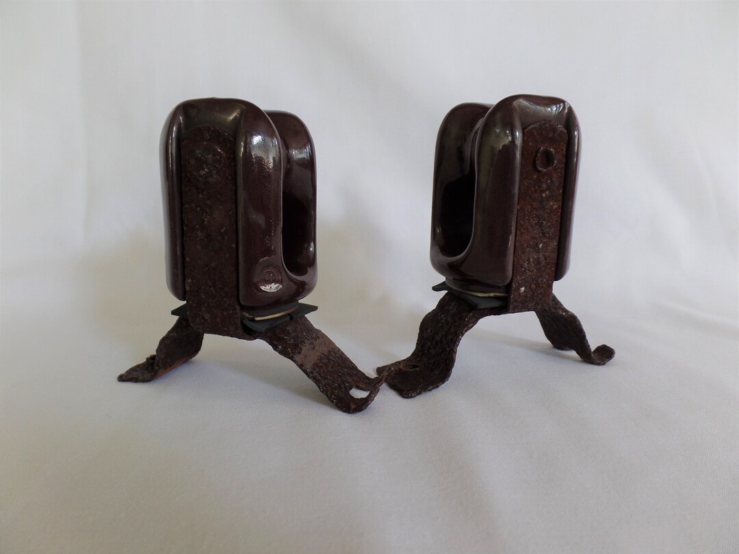 Vintage Brown Glazed Ceramic Insulators, Set of Two With Brackets ...