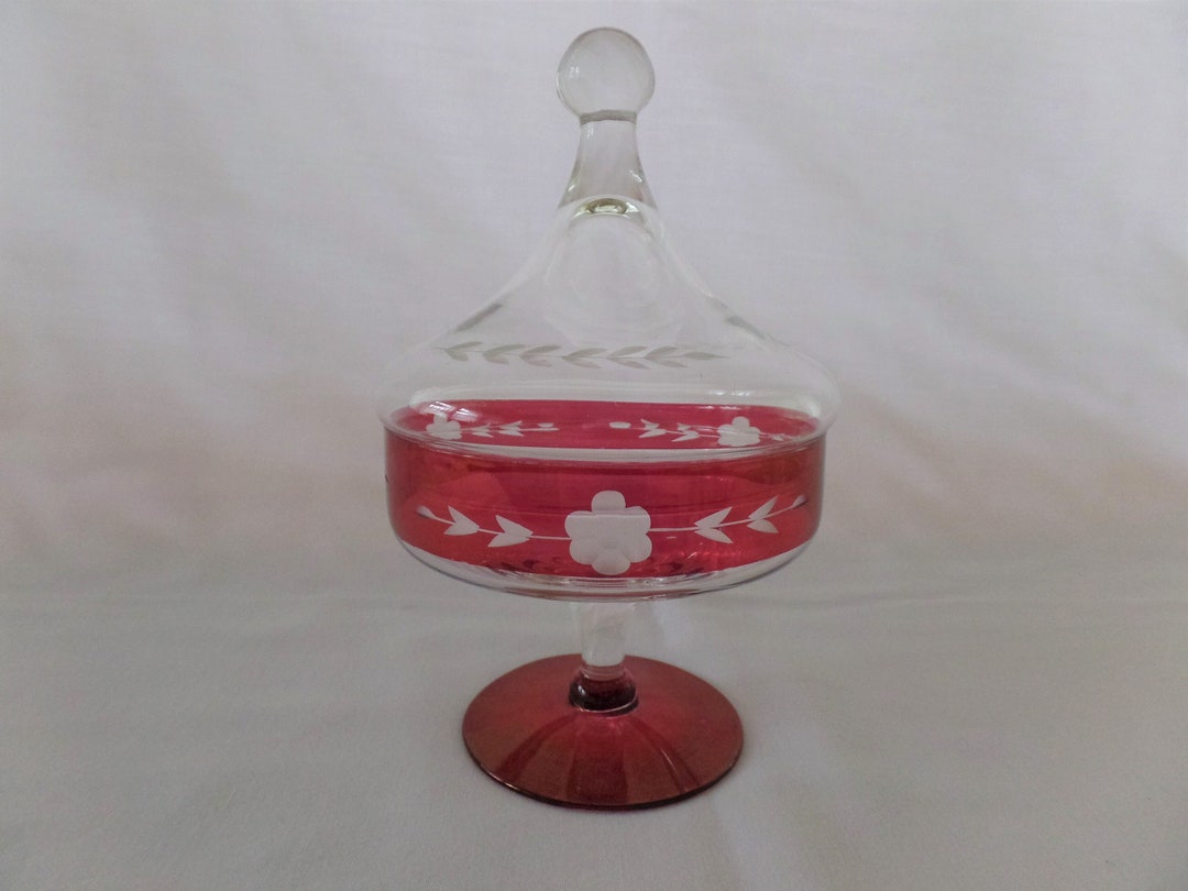 Vintage Ruby Flashed Candy Dish, Stained and Etched Glass, Trinket Dish ...