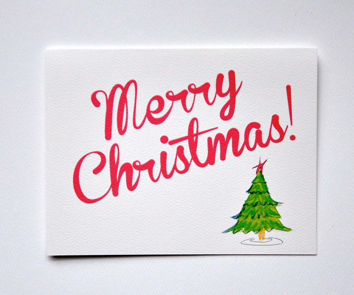 Red Merry Christmas Script With Christmas Tree Holiday Card - Etsy