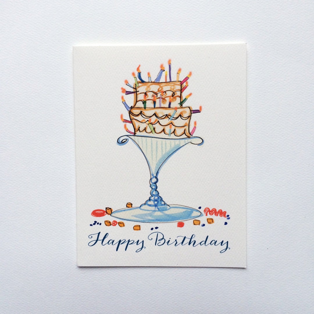 Happy Birthday Card Illustrated With Whimsical Cake and Candles on a ...