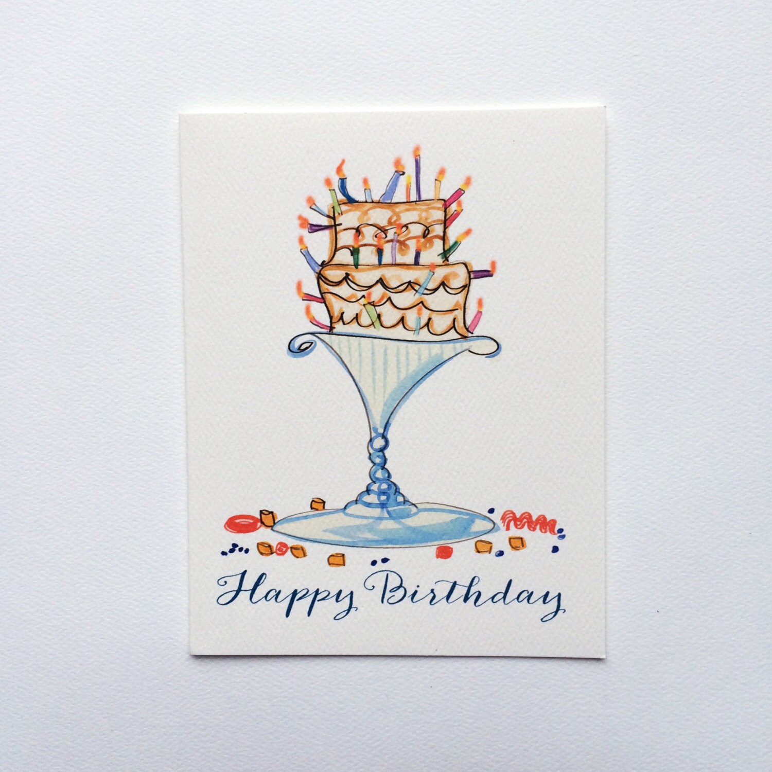 Happy Birthday Card Illustrated With Whimsical Cake and Candles on a ...