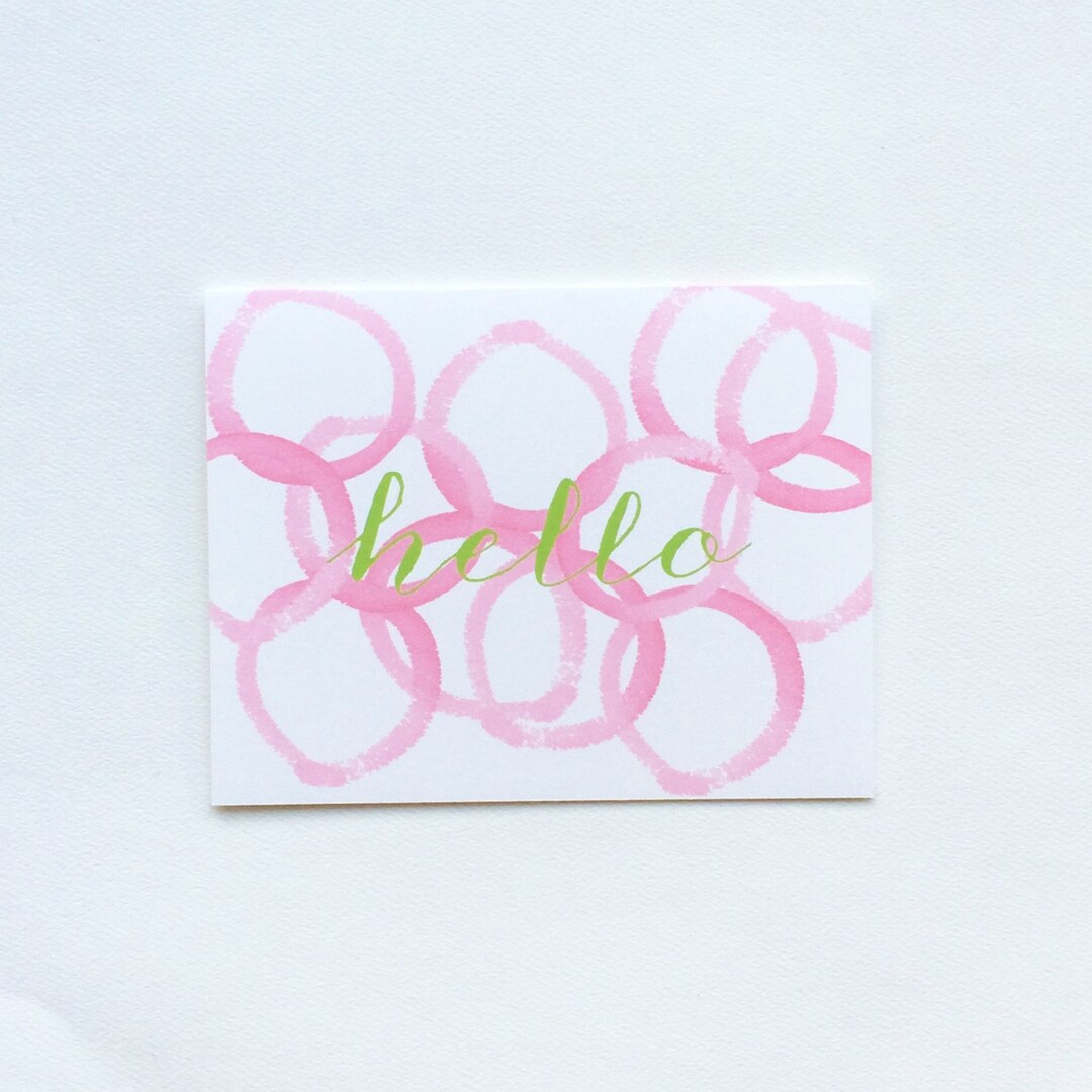 Illustrated Modern Pink Circle With Green Hello Note Cards - Etsy