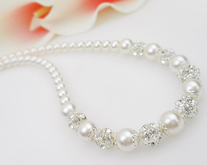 Graduated Crystal Pearl and Rhinestone Bridal Necklace With Backdrop ...
