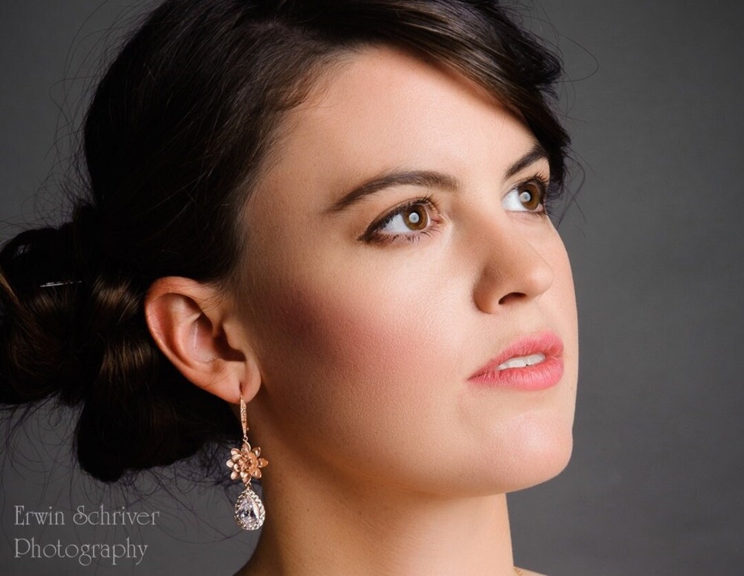 Long Lux Rose Gold Cubic Zirconia Lotus Bridal Earrings Long CZ Lotus ...