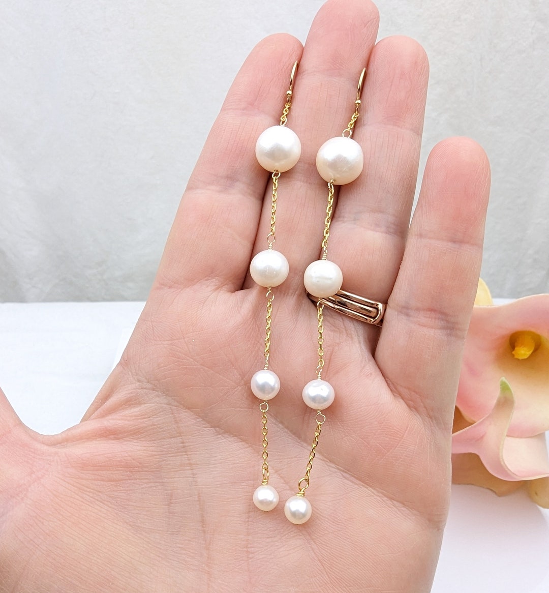 Long Freshwater Pearl Dangle Earrings, Gold Pearl Earrings, Wedding ...
