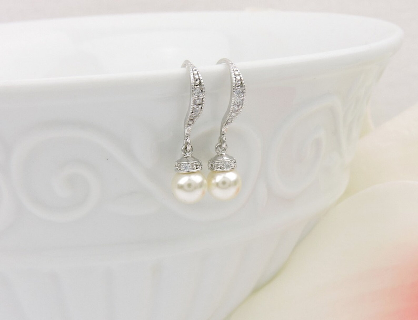 Tiny CZ Deco Cap Pearl Flower Girl Earrings Flower Girl Pearl | Etsy