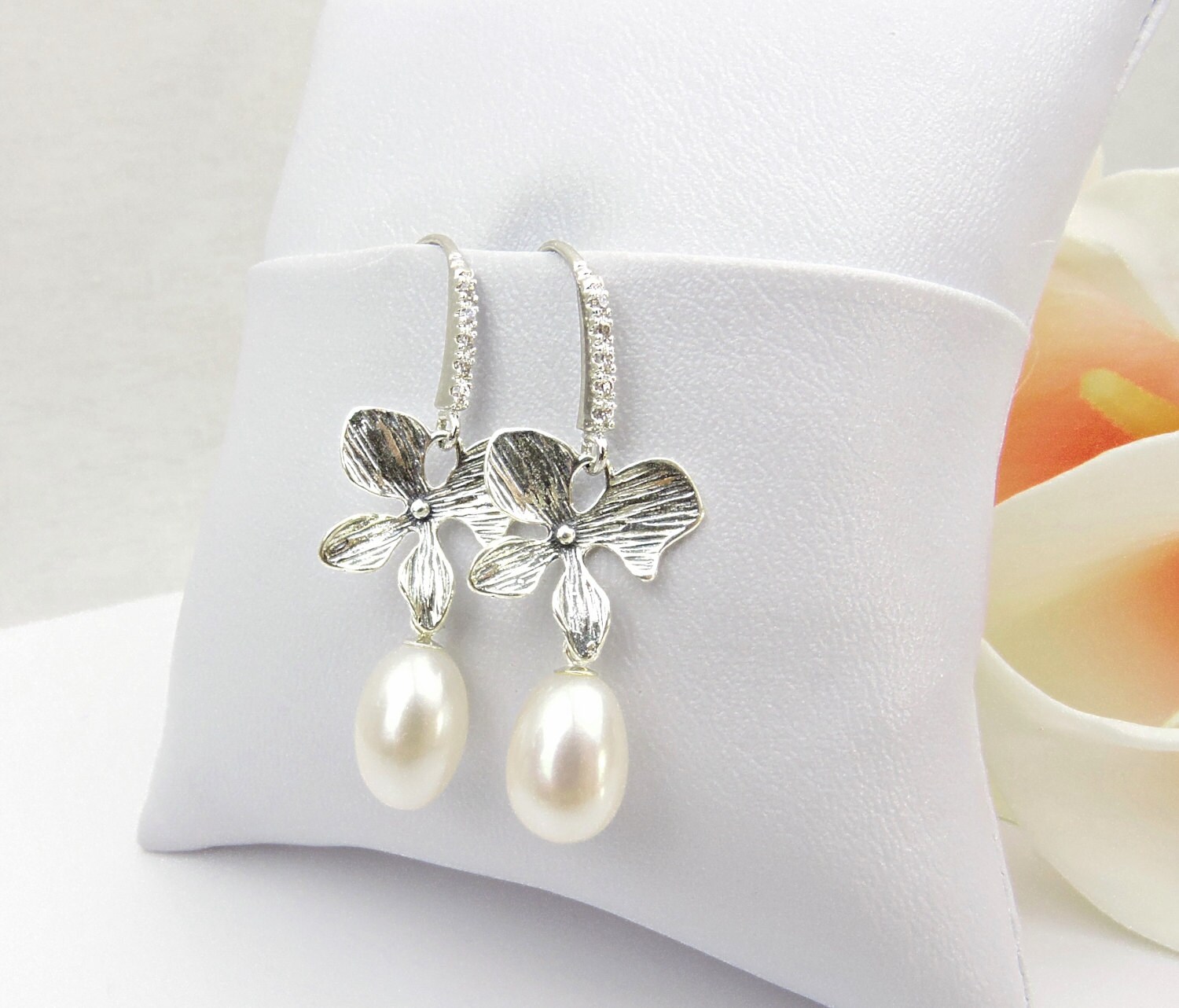 Sterling Silver Orchid And Aaa Freshwater Pearl Bridal Etsy