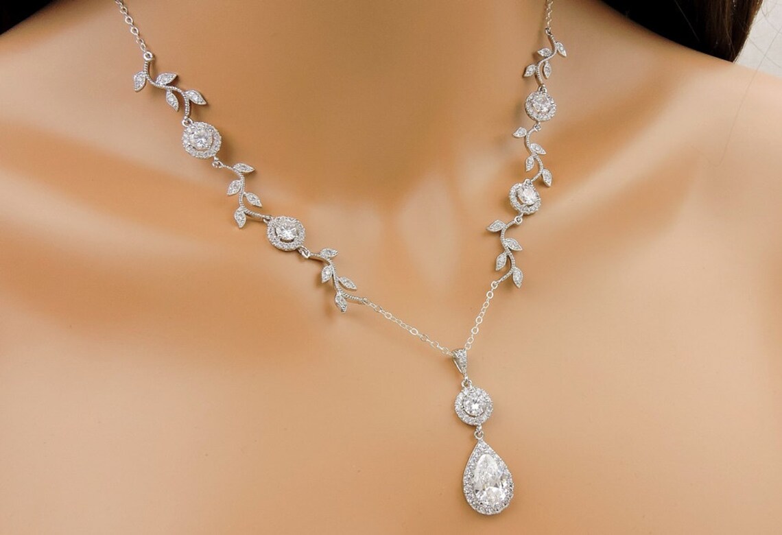 Cubic Zirconia Vine and Teardrop Bridal Necklace CZ Vine - Etsy Cubic Zirconia Vine and Teardrop Bridal Necklace CZ Vine - Etsy