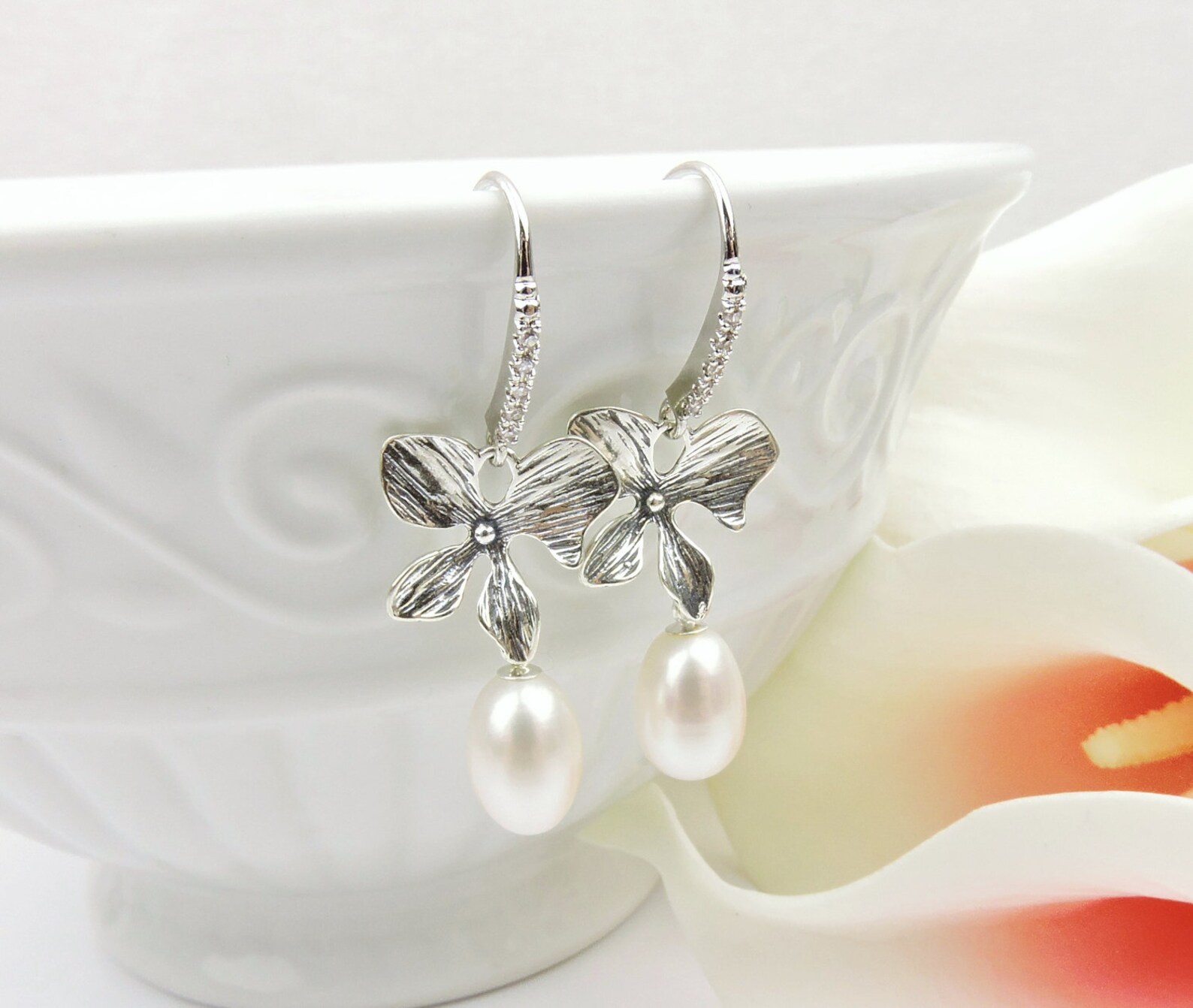 Sterling Silver Orchid And Aaa Freshwater Pearl Bridal Etsy