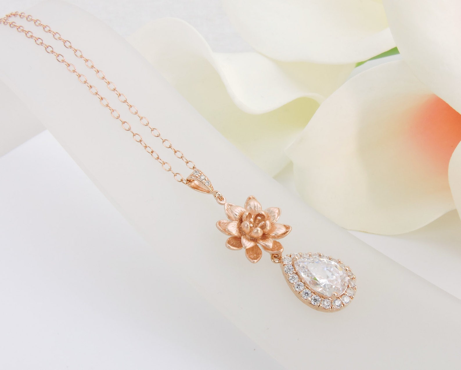 Lux Rose Gold Cubic Zirconia Lotus Bridal Necklace CZ Lotus Bridal ...