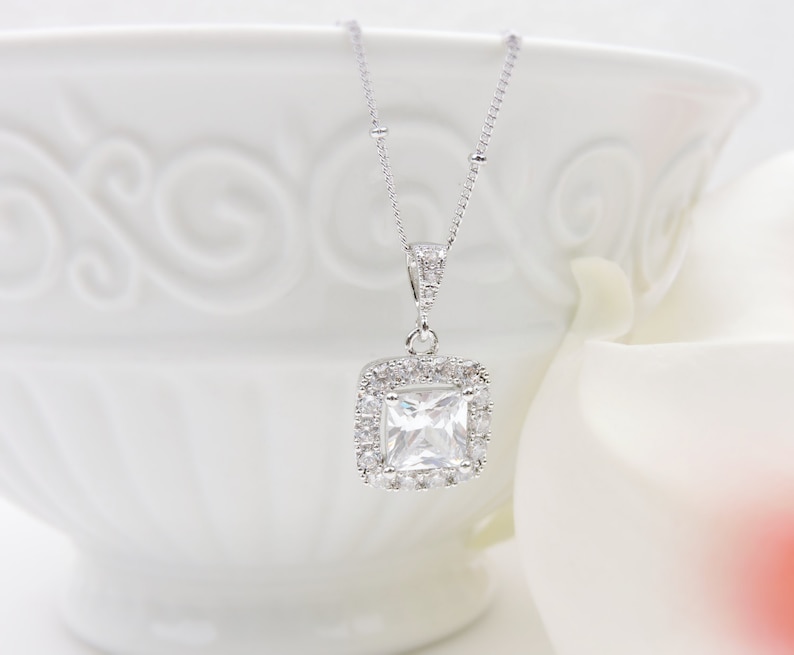 Princess Cut Cubic Zirconia Bridal Necklace Rhodium Cushion Cut Square ...