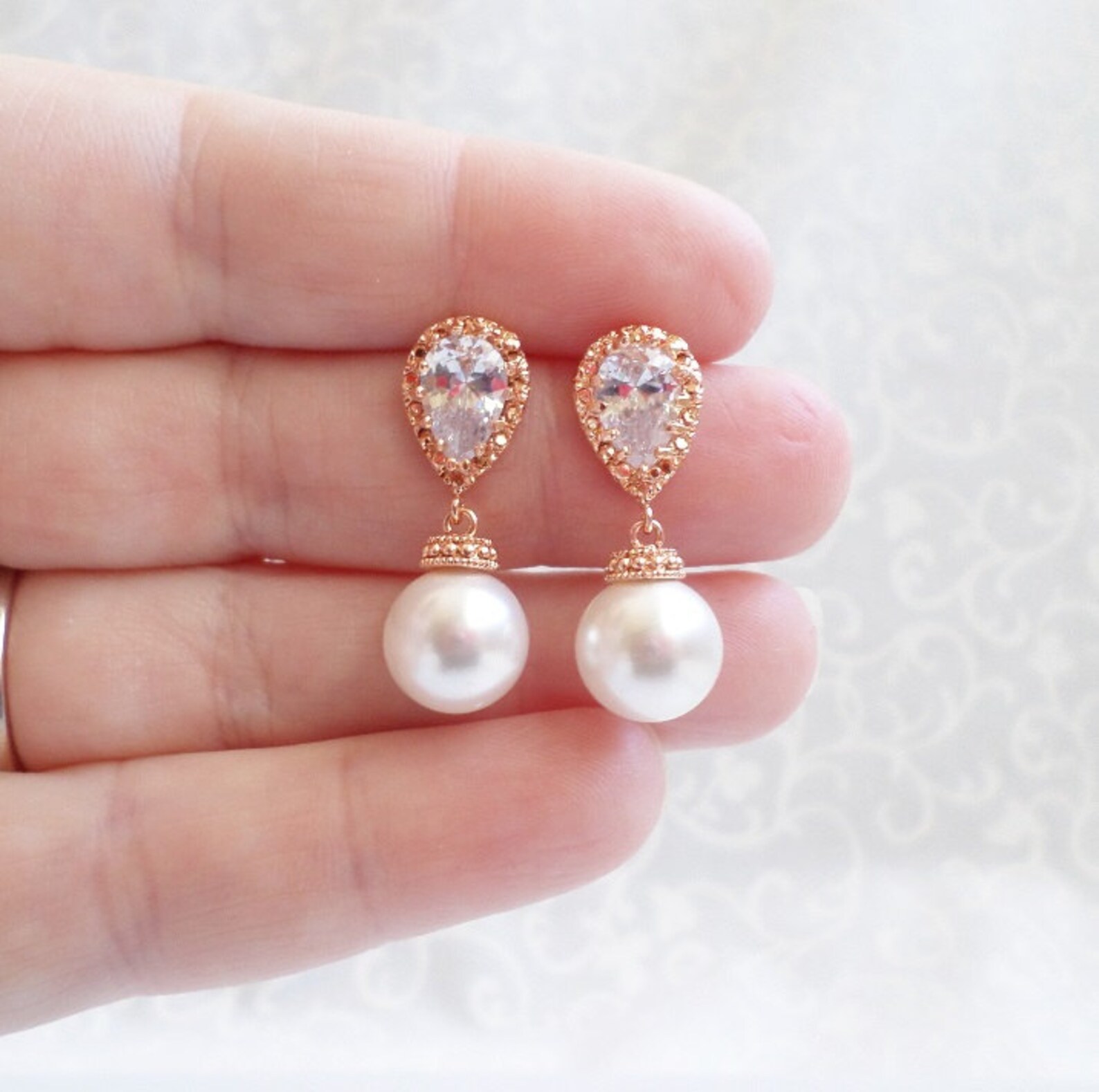 Rose Gold Pearl and Cubic Zirconia Bridal Earrings Rose Gold - Etsy