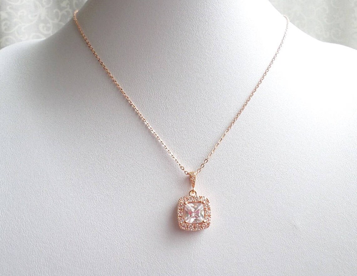 Rose Gold Princess Cut Cubic Zirconia Bridal Necklace Pink | Etsy