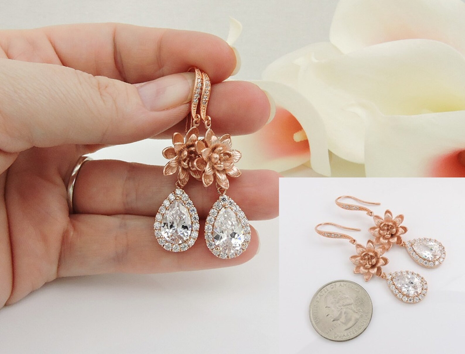 Long Lux Rose Gold Cubic Zirconia Lotus Bridal Earrings Long | Etsy