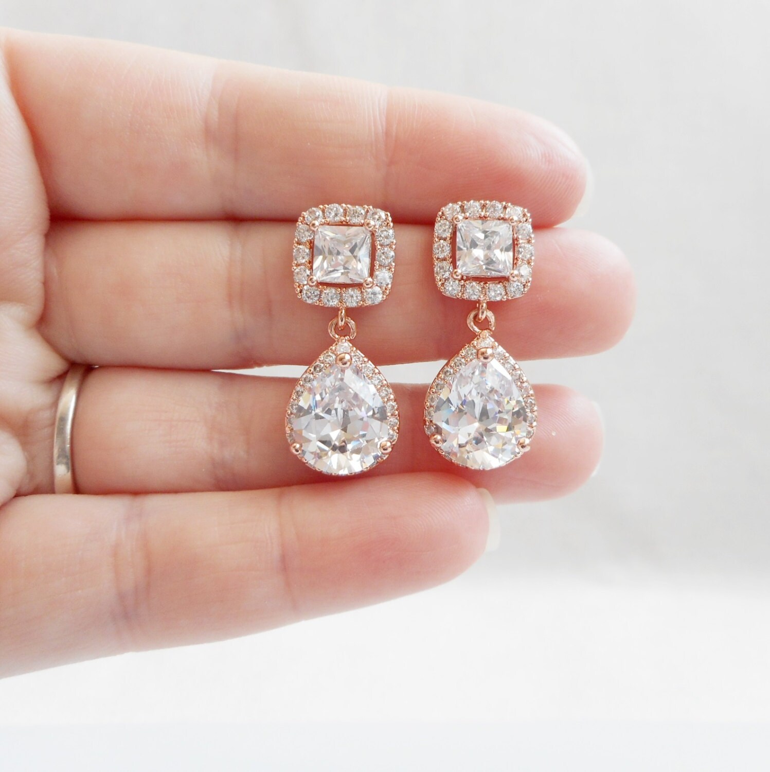 Rose Gold Cubic Zirconia Bridal Earrings Princess And Teardrop | Etsy