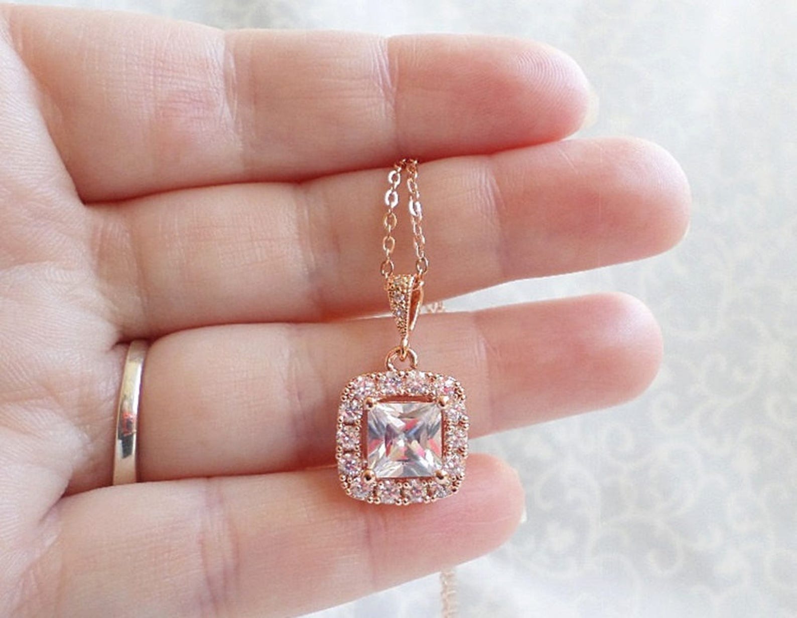 Rose Gold Princess Cut Cubic Zirconia Bridal Necklace Pink - Etsy