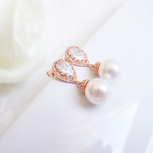 Rose Gold Pearl and Cubic Zirconia Bridal Earrings Rose Gold Bridal ...