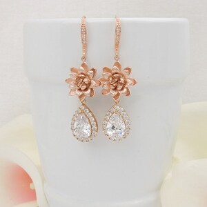 Long Lux Rose Gold Cubic Zirconia Lotus Bridal Earrings Long CZ Lotus ...