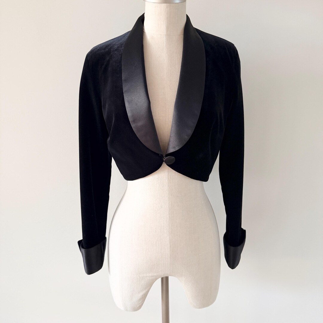 Vintage 80s Malcolm Black Velvet Bolero Jacket • Satin Collar & Cuffs ...
