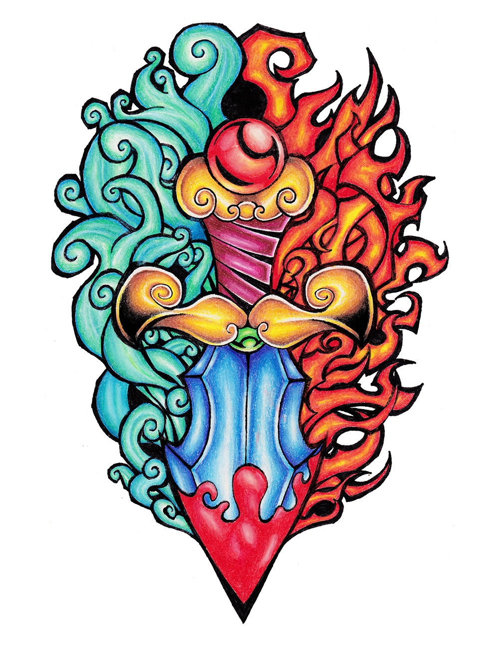Fire and Water Dagger Tattoo Flash Art Print - Etsy
