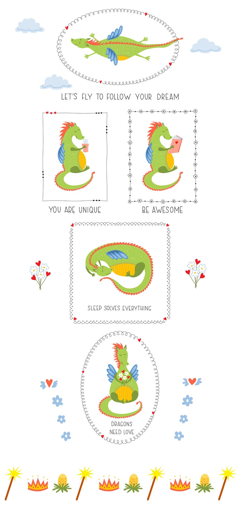 Funny Cute Dragons Clip Art Set , Round Frames, Greeting Card, Digital ...
