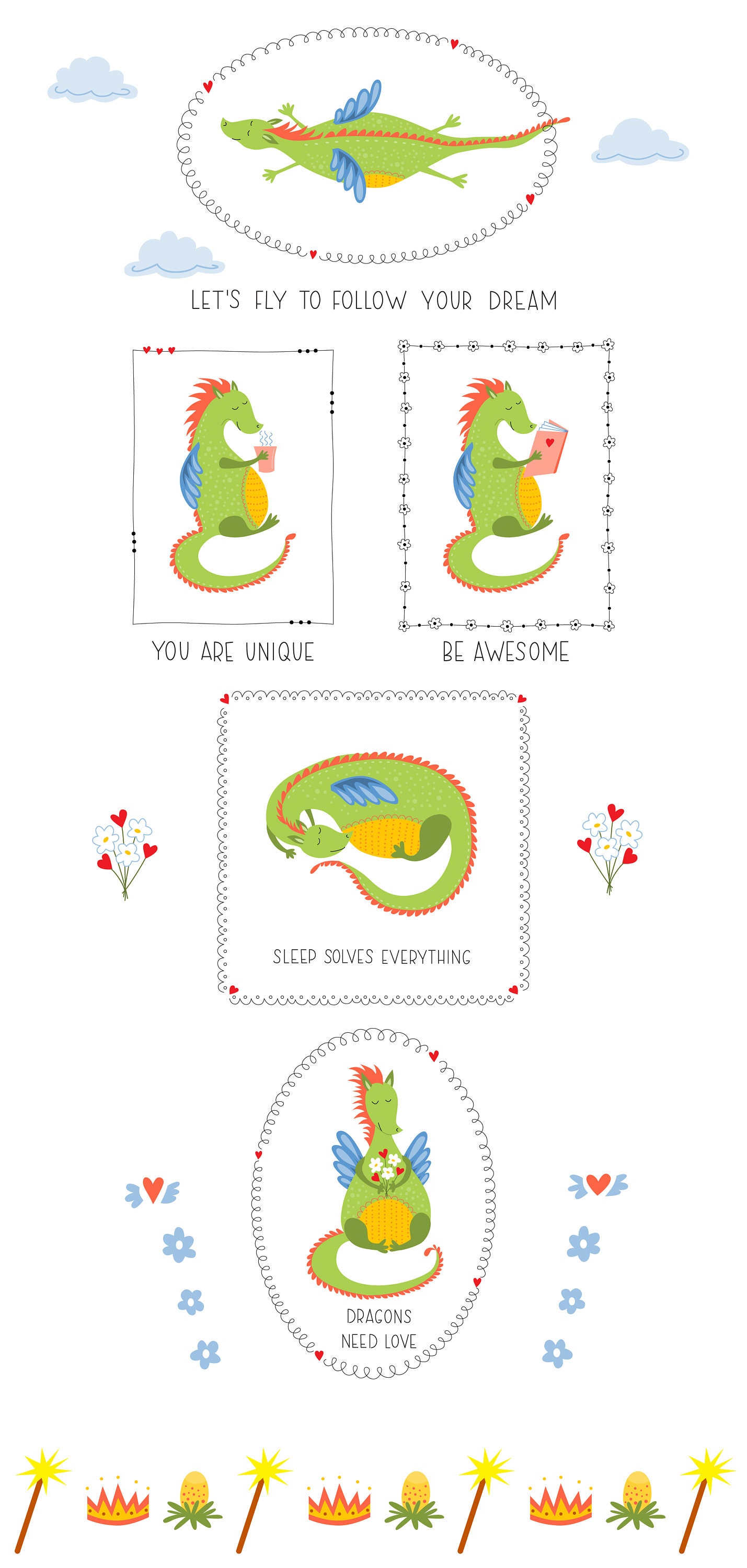 Funny Cute Dragons Clip Art Set , Round Frames, Greeting Card, Digital ...