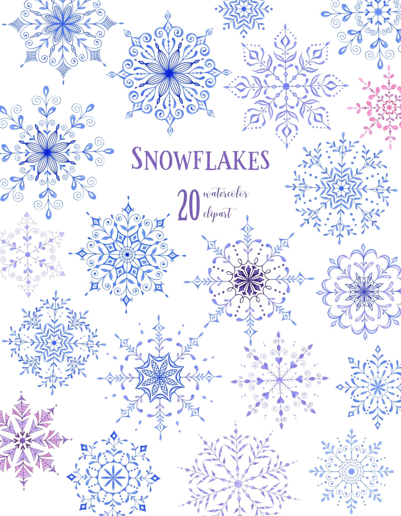 20 Hand Painted Decorative Watercolor Snowflakes, Clipart, Christmas ...