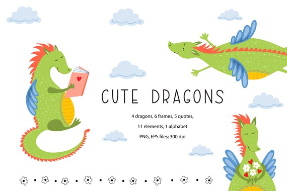 Funny Cute Dragons Clip Art Set Round Frames Greeting Card | Etsy