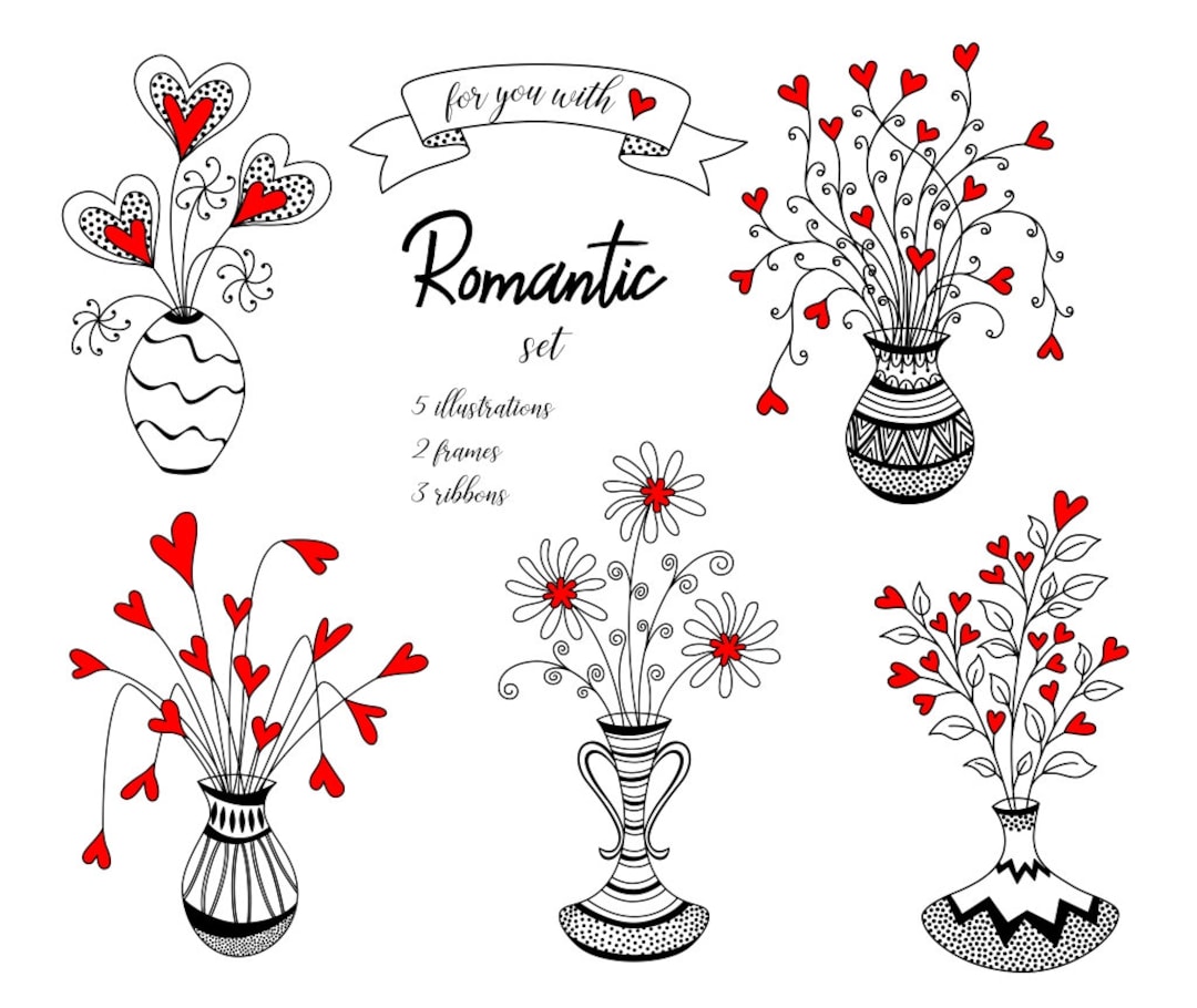 Romantic Set With Hearts and Flowers in Vases, Digital Card, Clipart ...